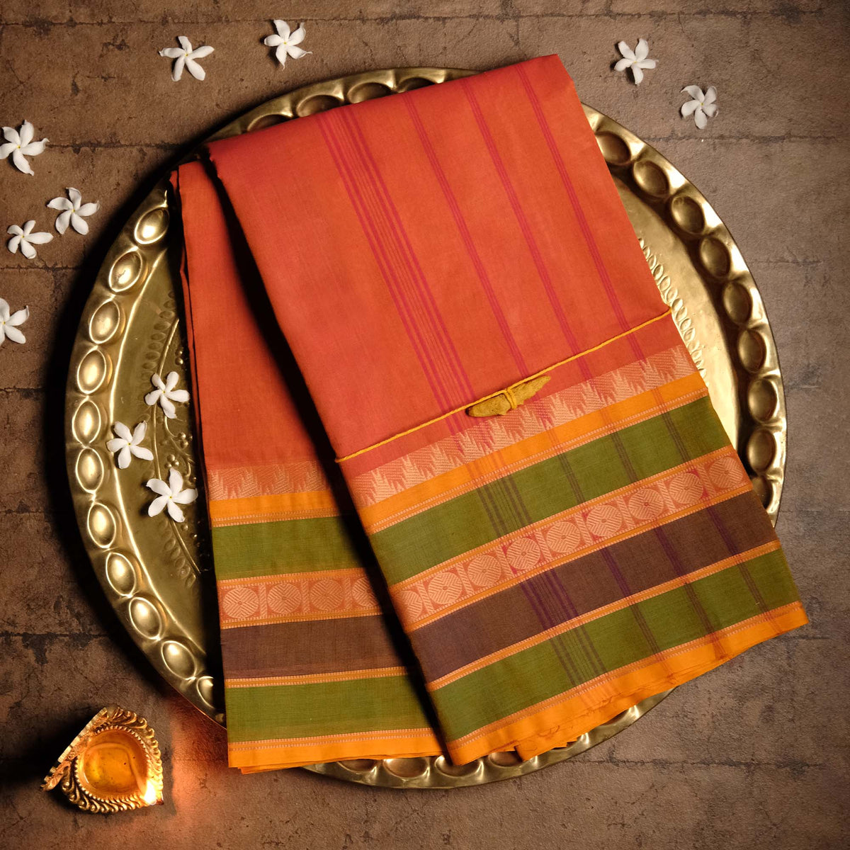 Handwoven Coral Devi Consecrated cotton saree with solid olive green a ...